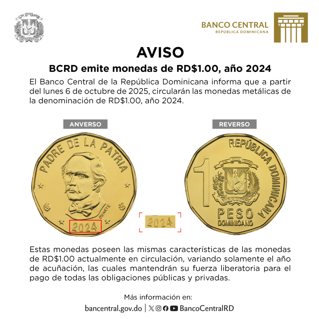 BCRD pondrá en circulación nuevas monedas de RD$1.00 acuñadas en 2024 ...